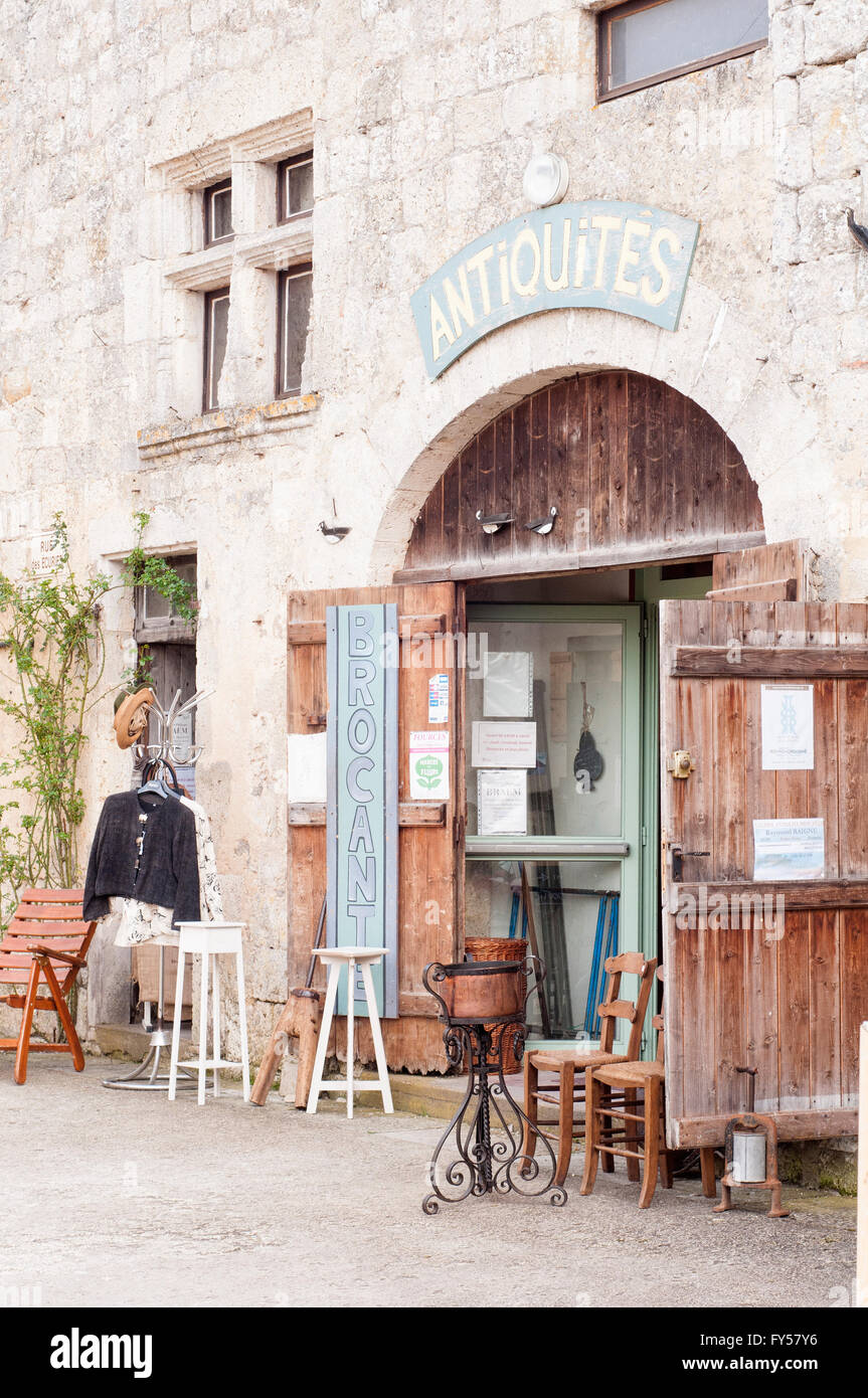 View of a antiques shop in the medieval city of Fources. Gers. France ...