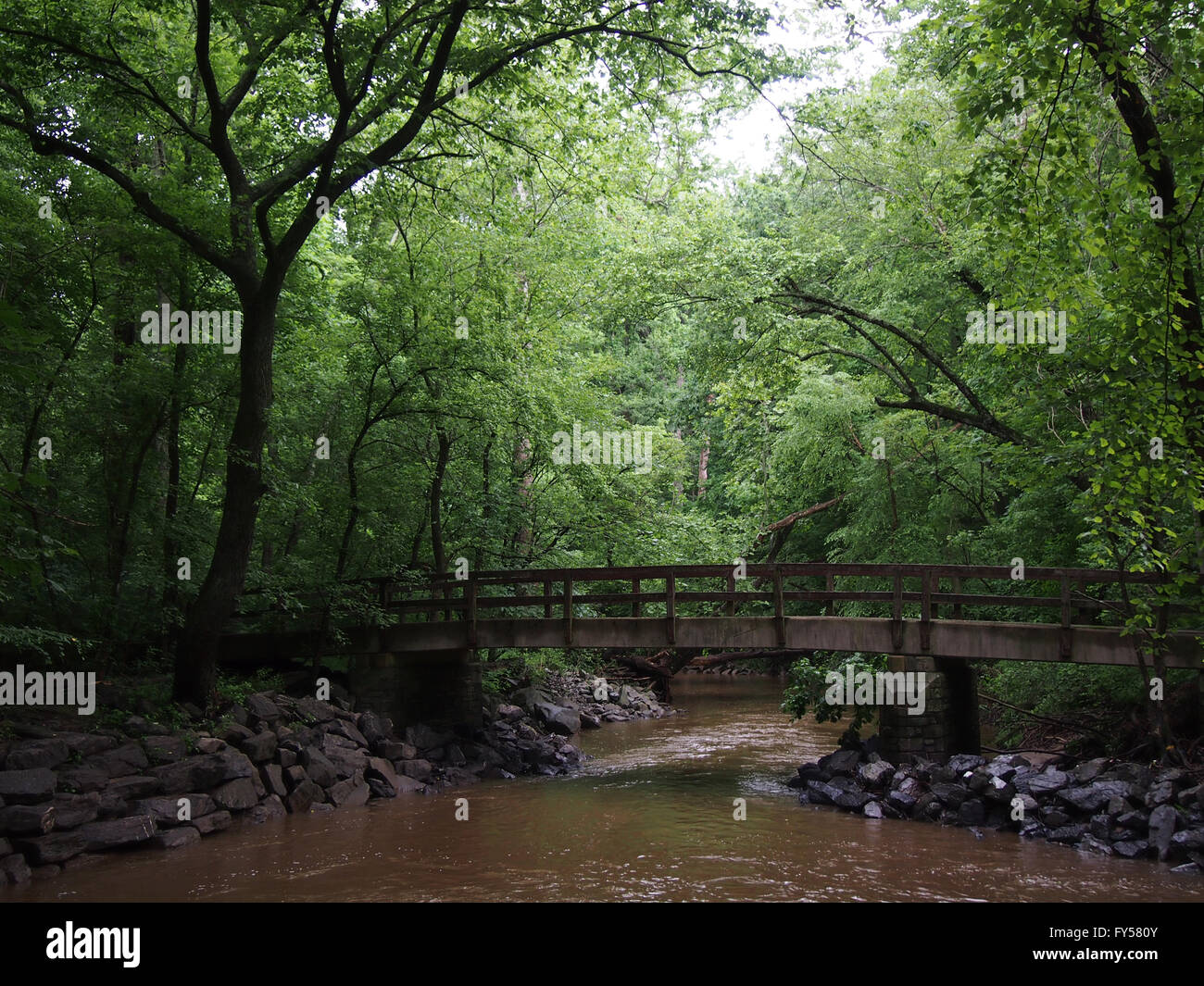 Pedestrian Bridge arches over Dirty Stream flows quickly through the ...