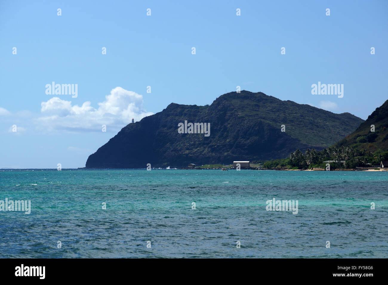 Waimanalo bay, Pier, and Makapuu Point with Makapu'u Lighthouse visible ...