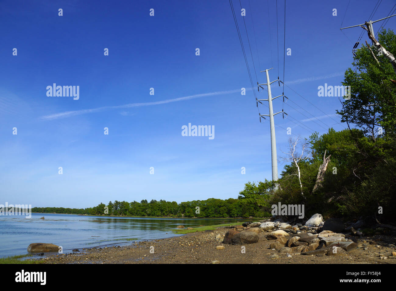 Rocky beach lined with trees on Cousins Island with Large Power line ...