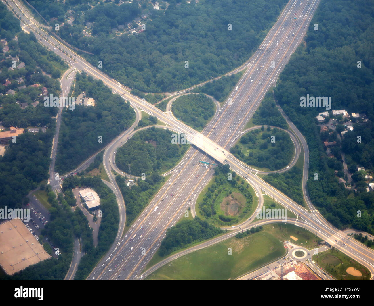 Highway clover leaf interchange circles in Washington DC area aerial ...