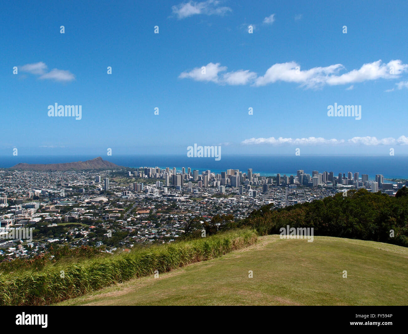 Park in the mountains with view of Diamondhead and the city of Honolulu ...