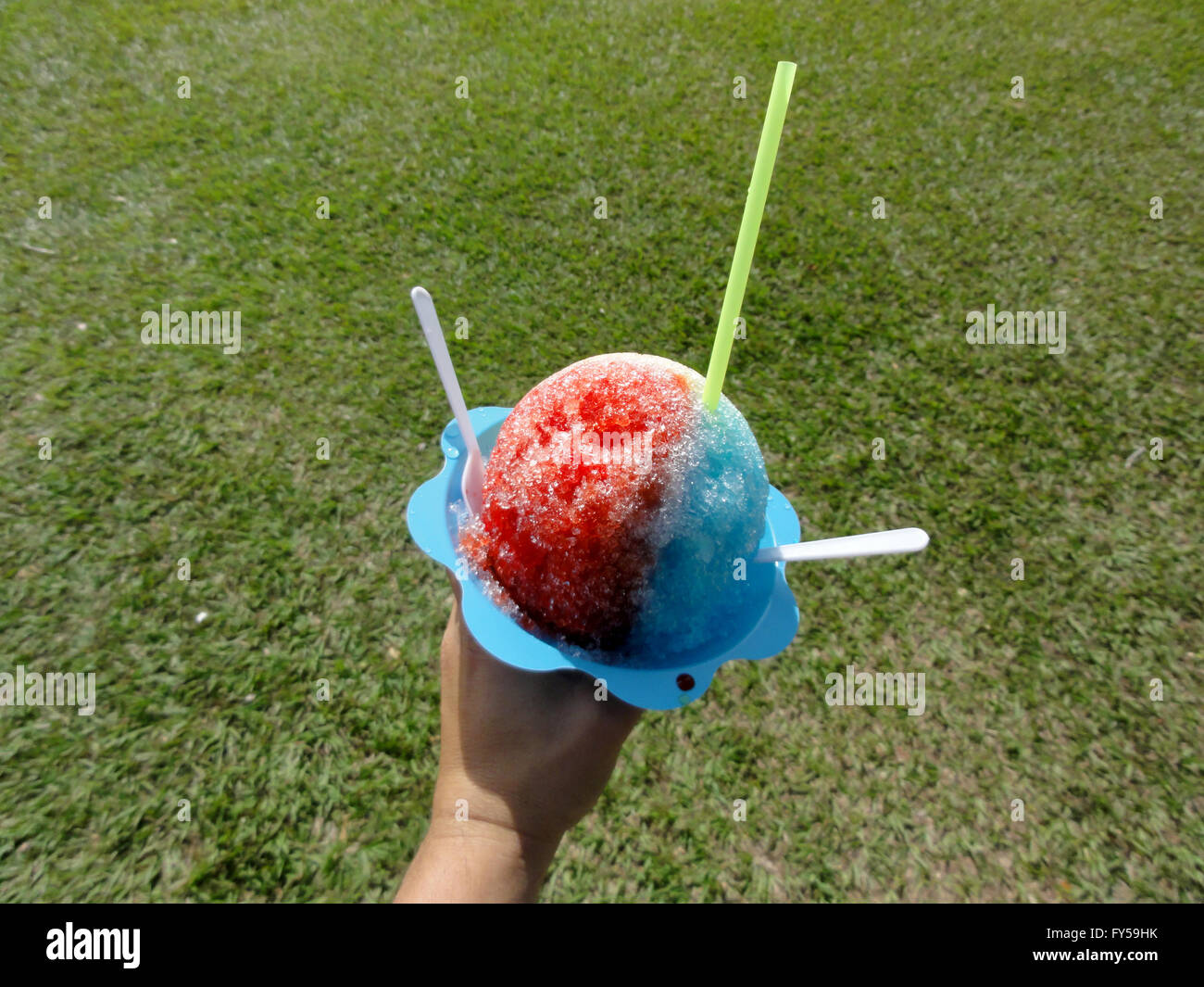 Holding Red and Blue Shave Ice plastic Cone with two spoons and a straw ...