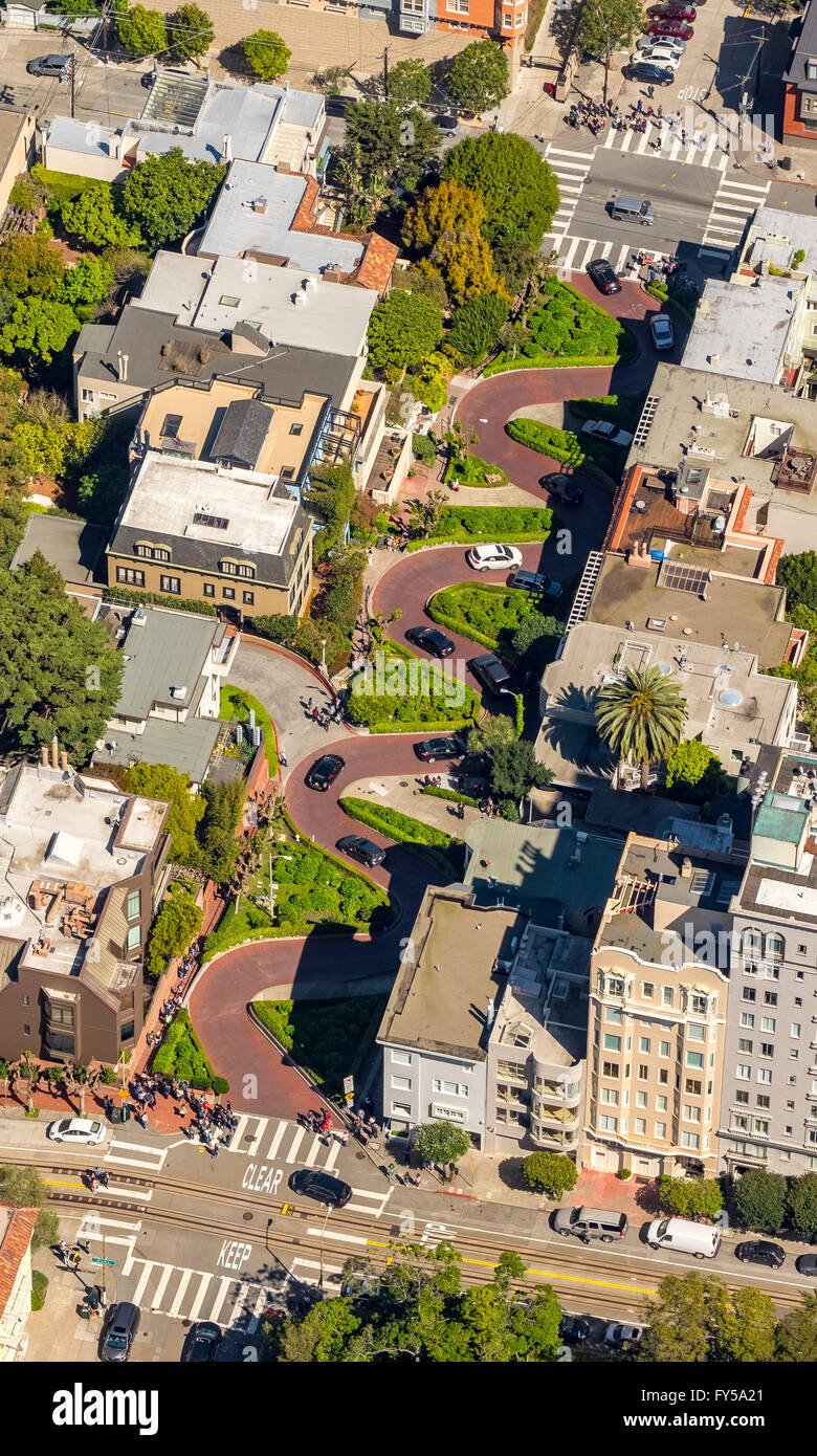 Aerial view, Lombard Street with hairpin turns, winding road, the ...