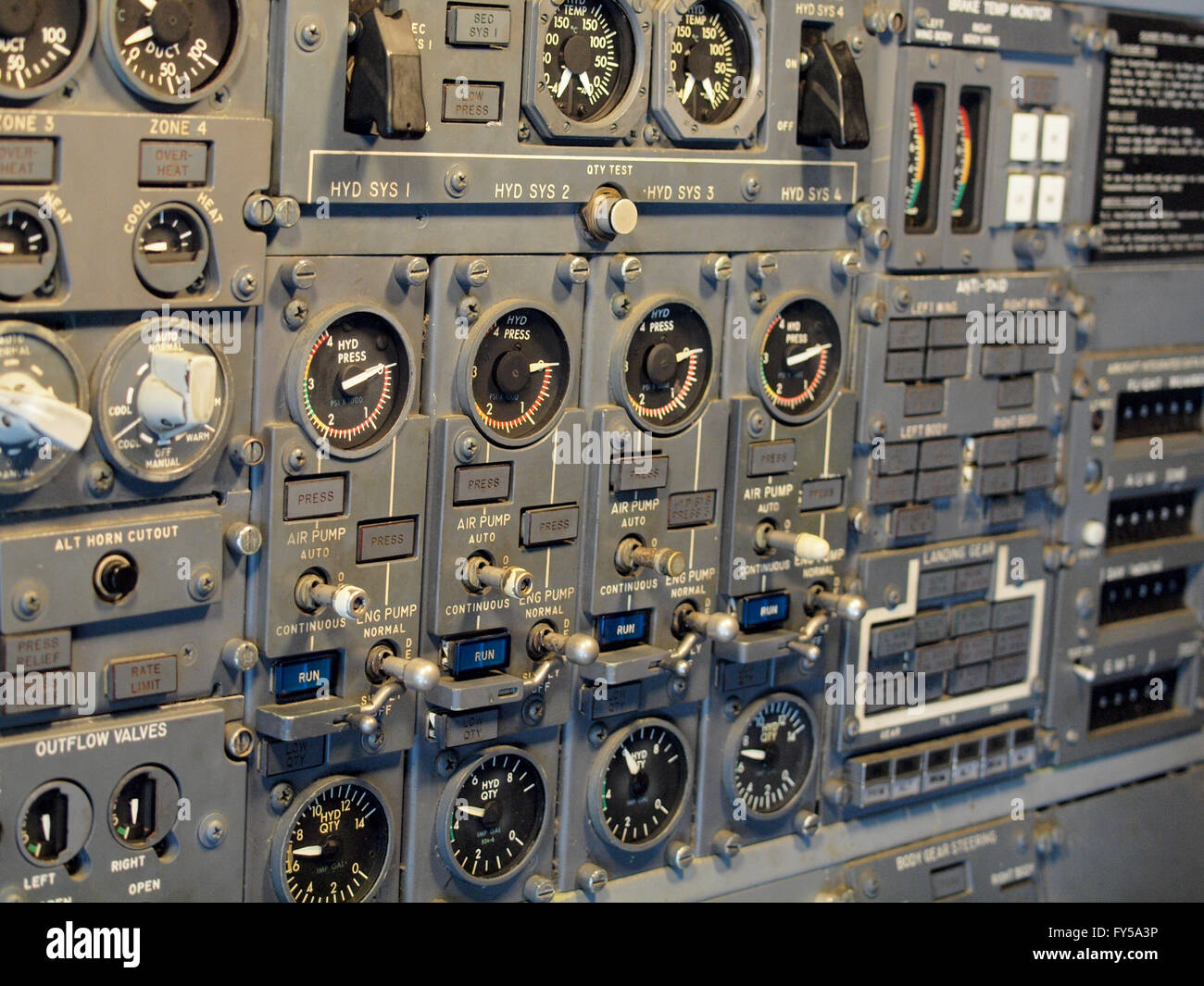 Jet aircraft cockpit Equipment with various indicators, buttons, dials ...