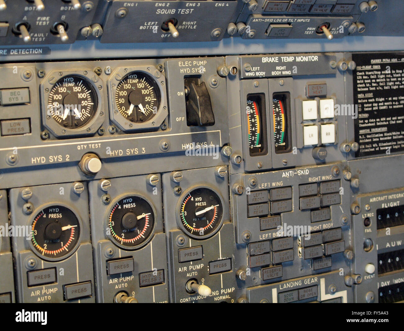 Jet aircraft cockpit Equipment with various indicators, buttons, dials ...