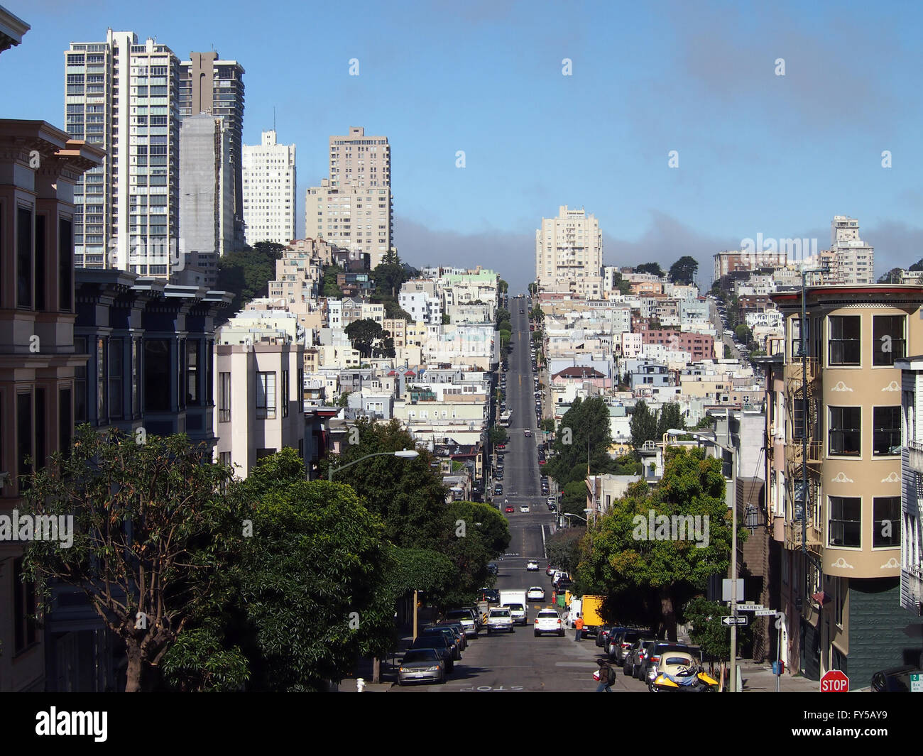 San Francisco street view of long straight uphill street in North Beach ...