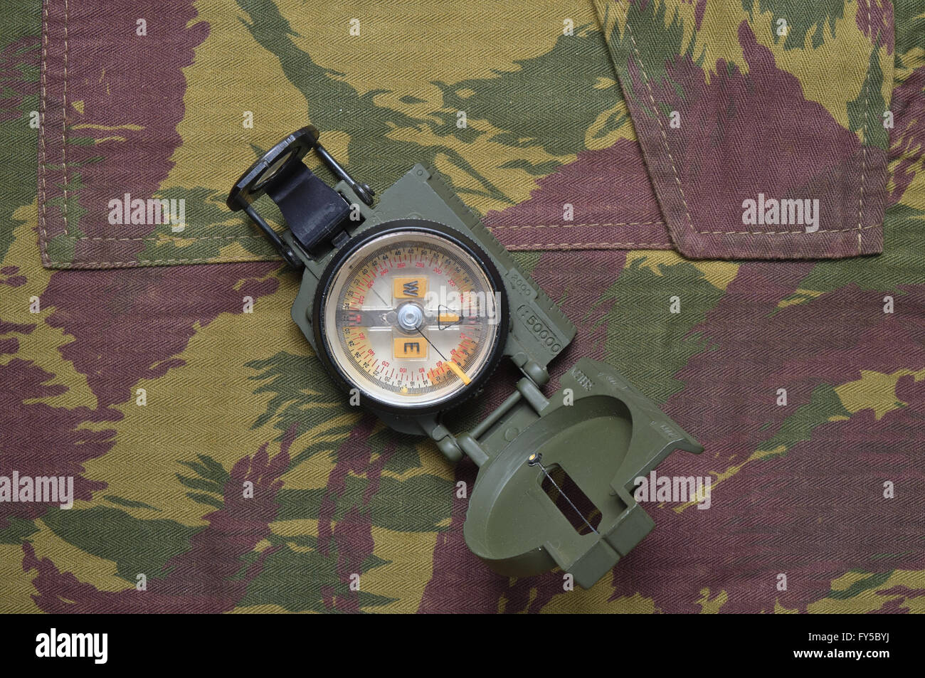 Military compass overview on a camo background Stock Photo - Alamy