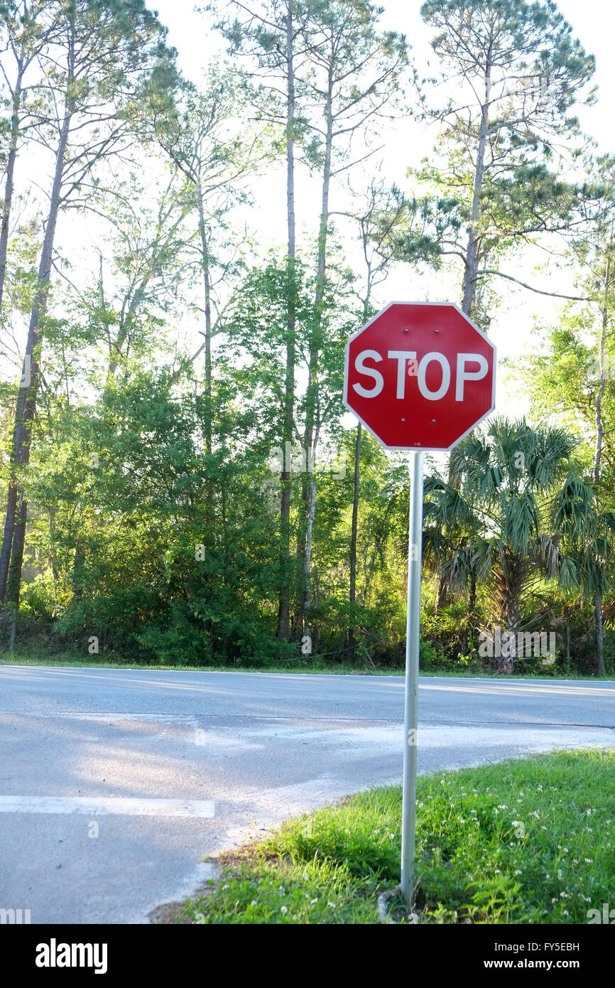 STOP - Highway road junction stop sign. April 2016 Stock Photo - Alamy