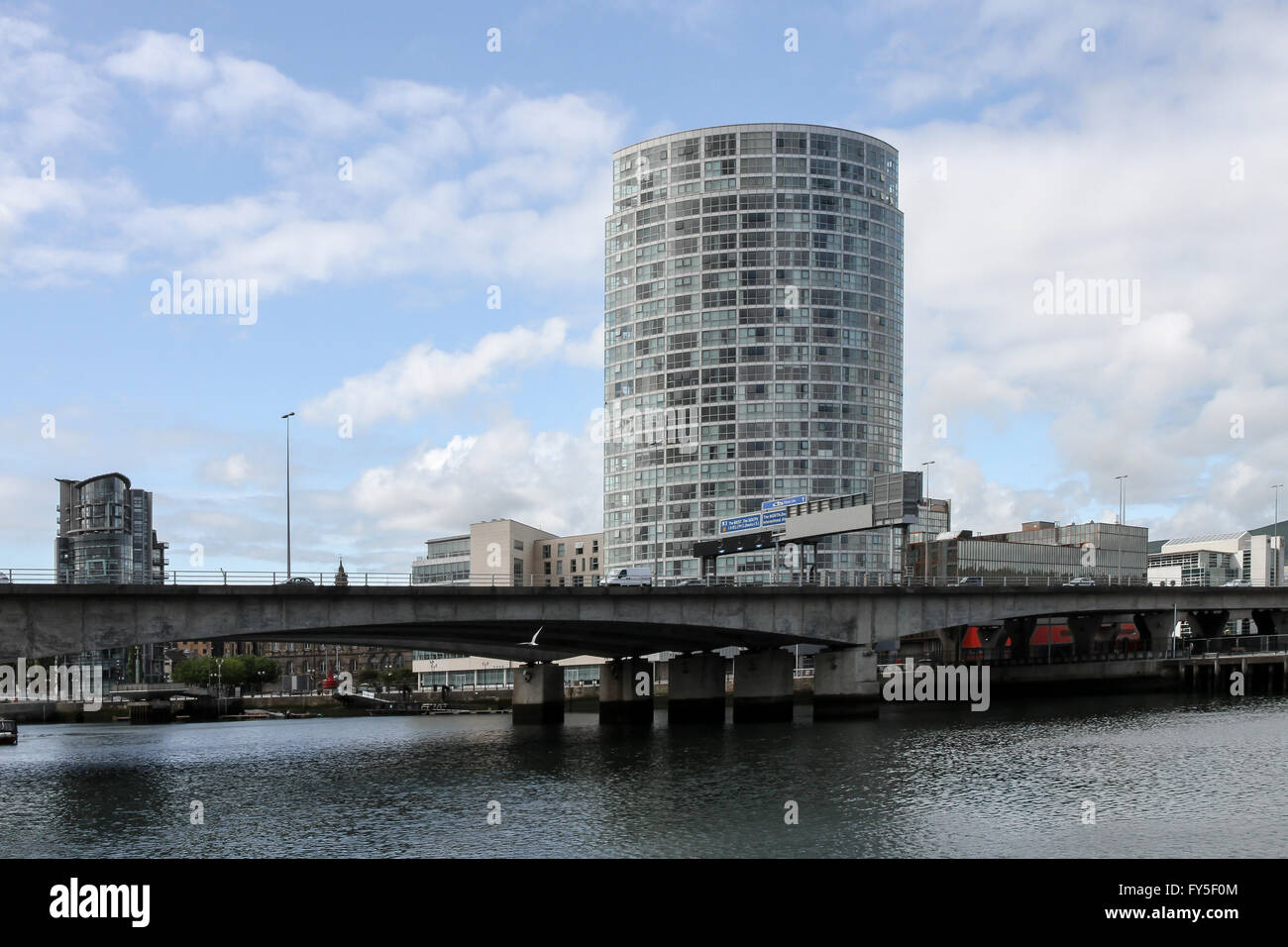 The Obel Tower behind the M3 bridge in Belfast , Northern Ireland Stock ...