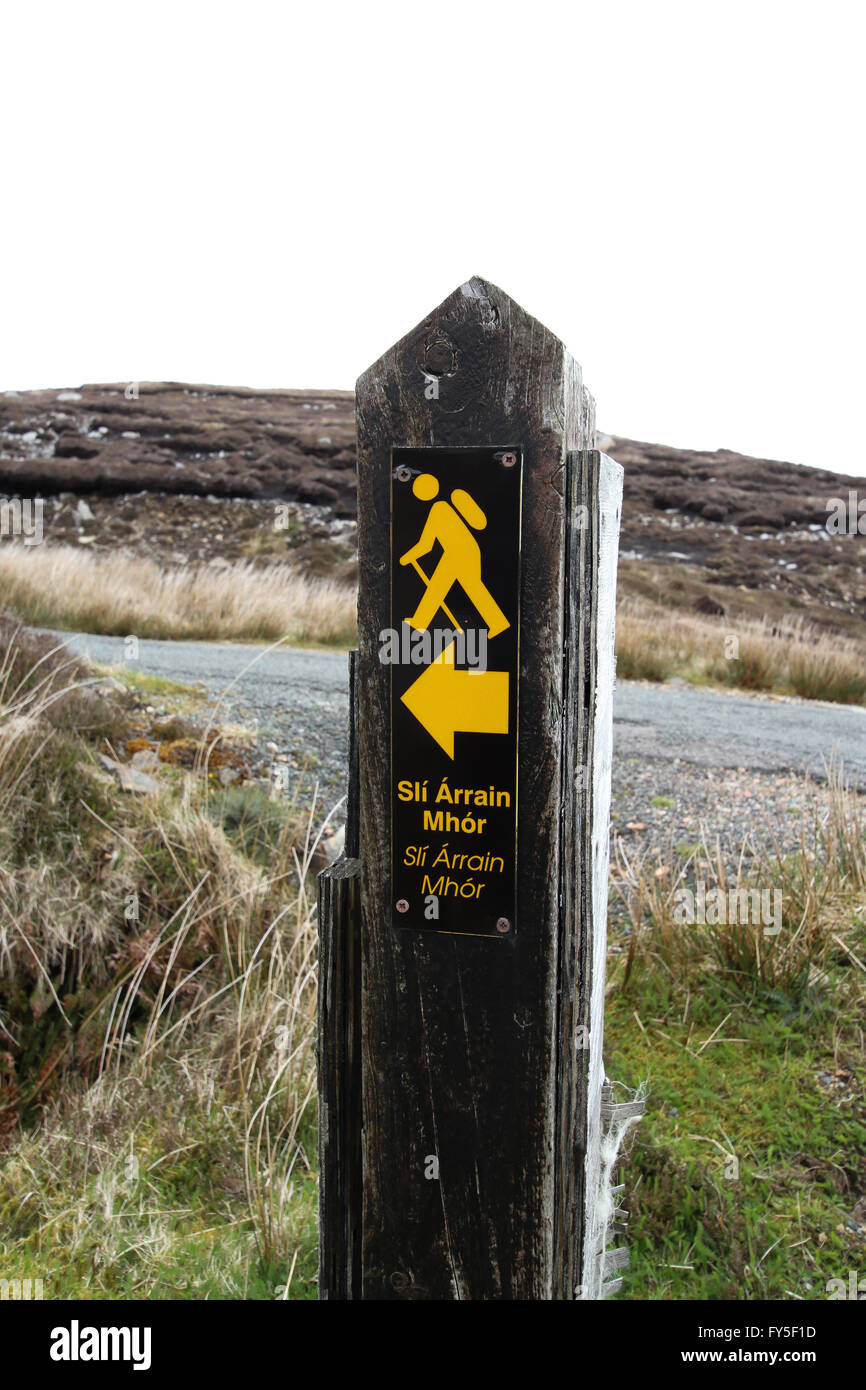Walking sign on bog land with road in background on Arranmore, County ...