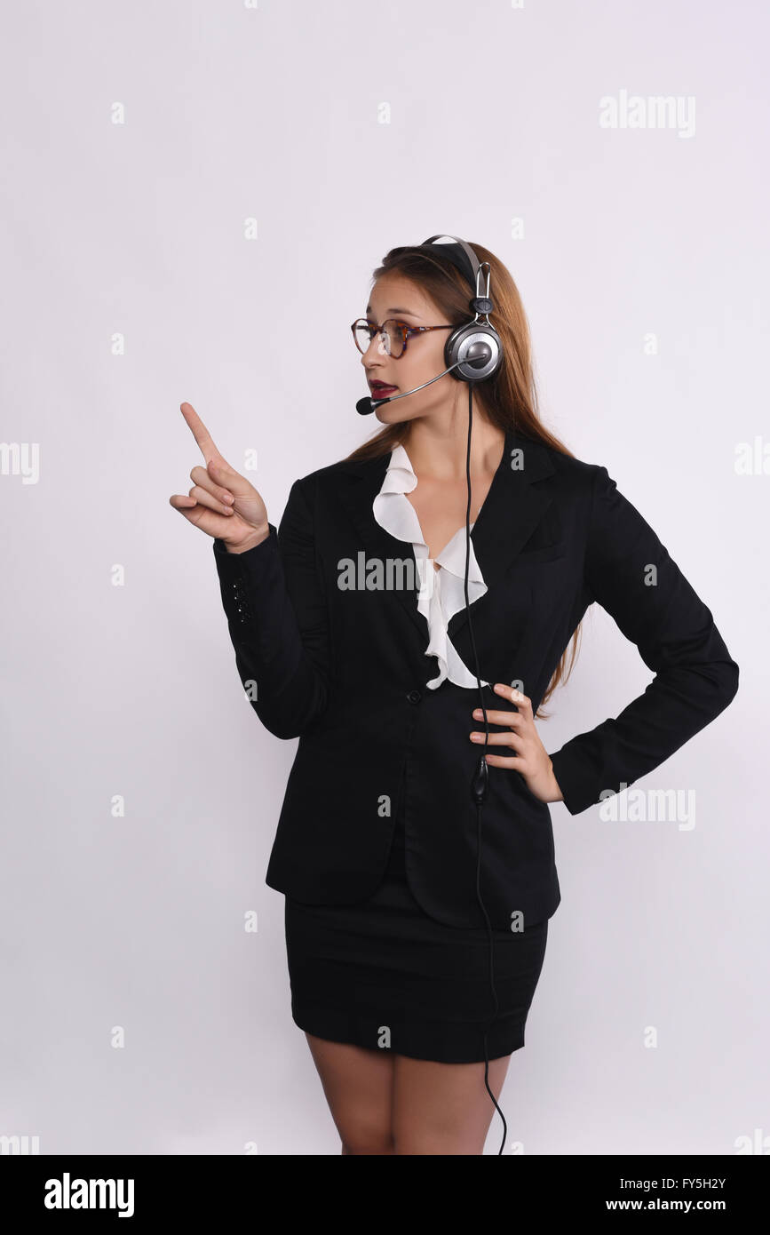 Portrait of beautiful telemarketer woman. Isolated white background ...