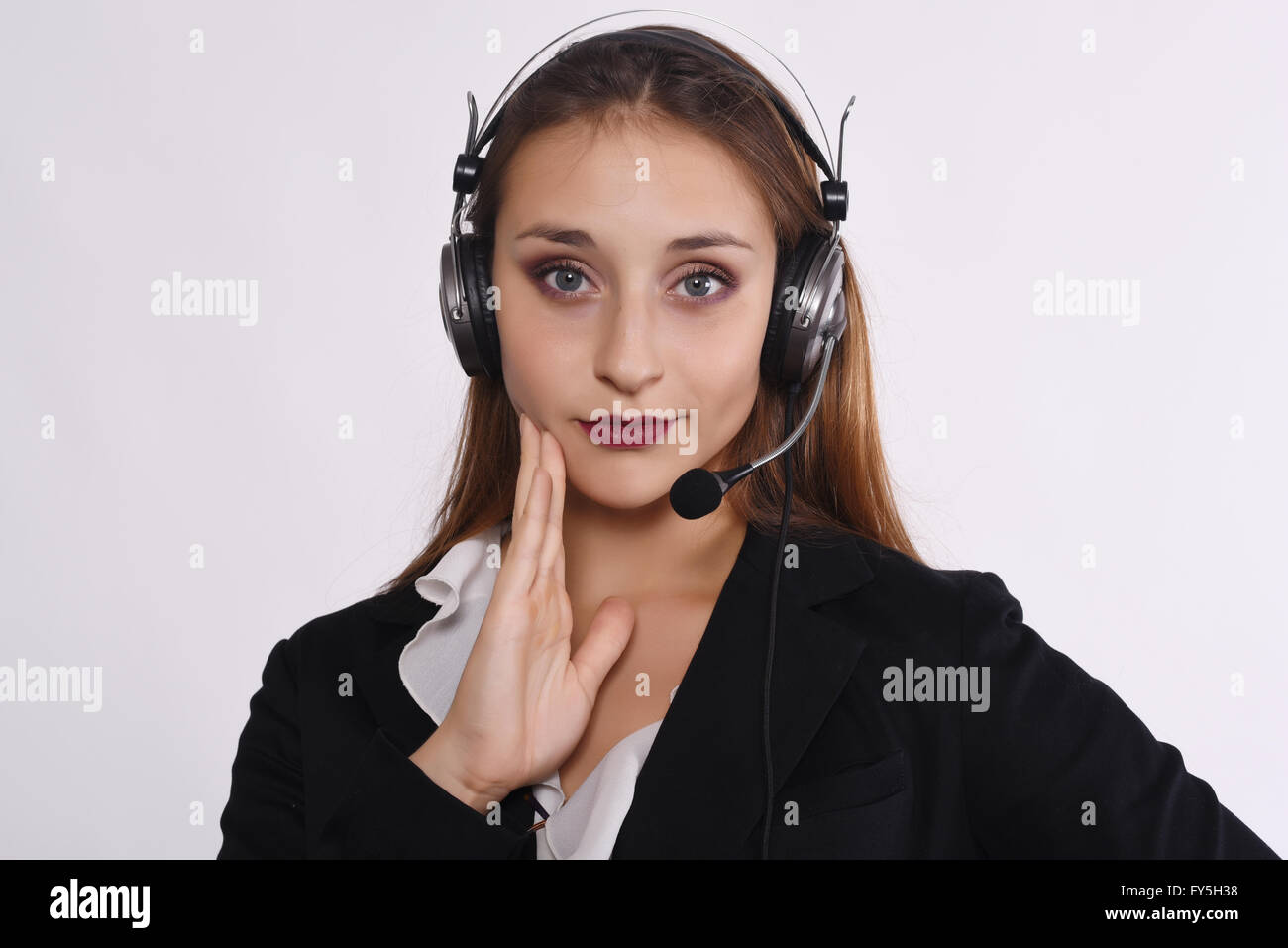 Close up of beautiful telemarketer woman. Isolated white background ...