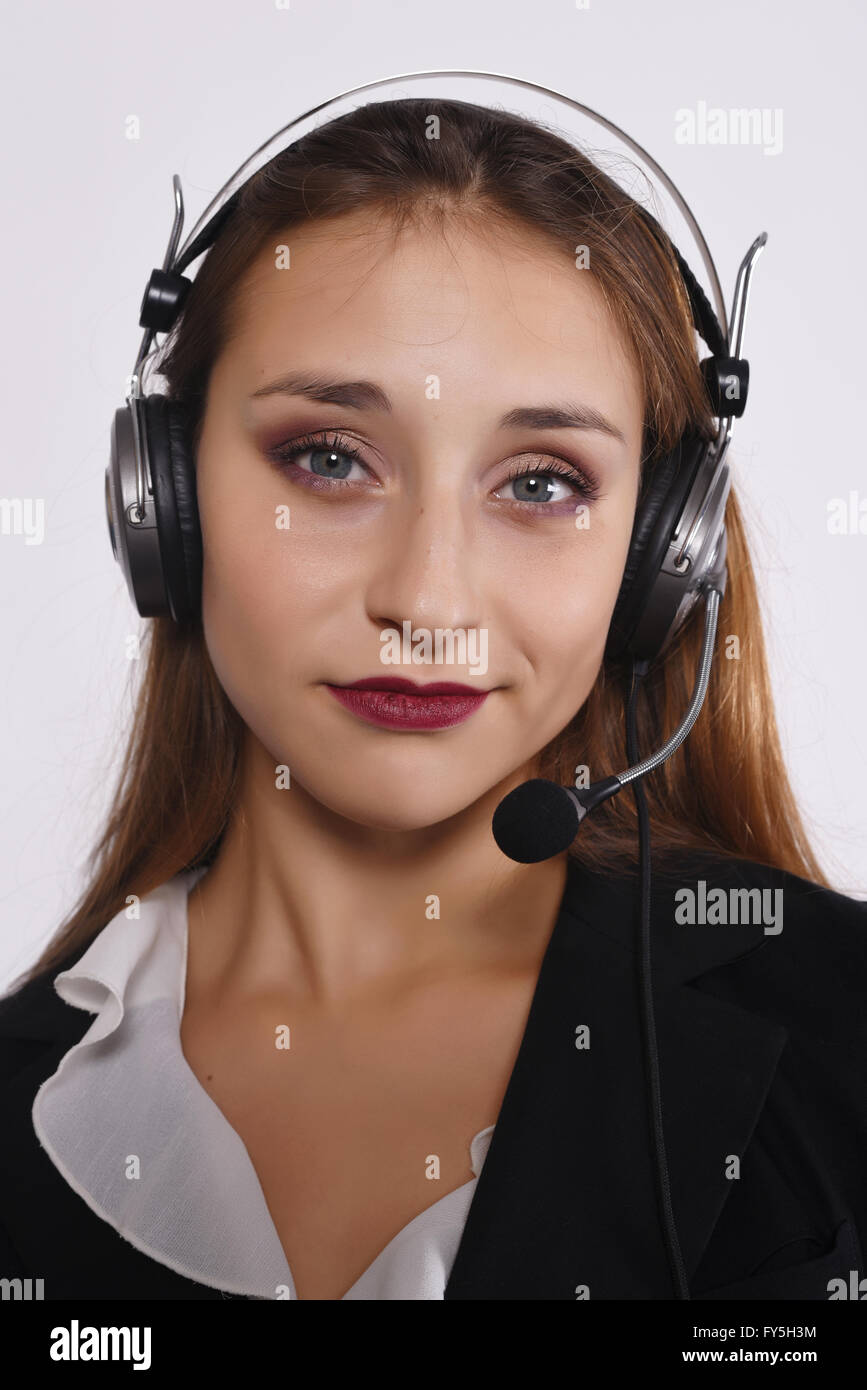 Close up of beautiful telemarketer woman. Isolated white background ...