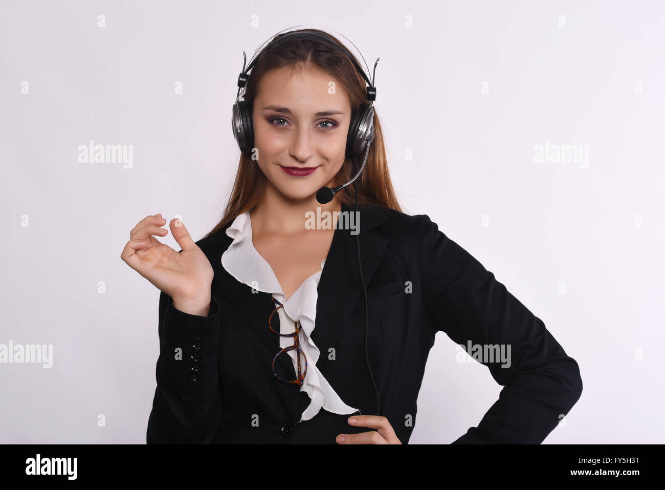 Portrait of beautiful telemarketer woman. Isolated white background ...