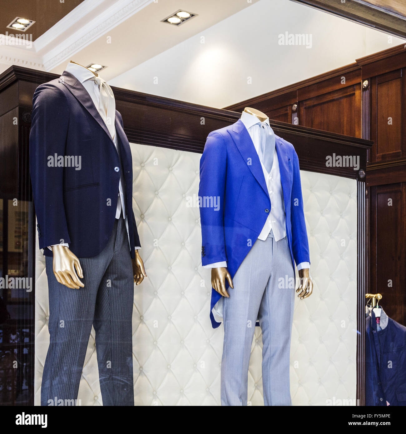 Elegant shop windows with male clothes, textile industry background ...