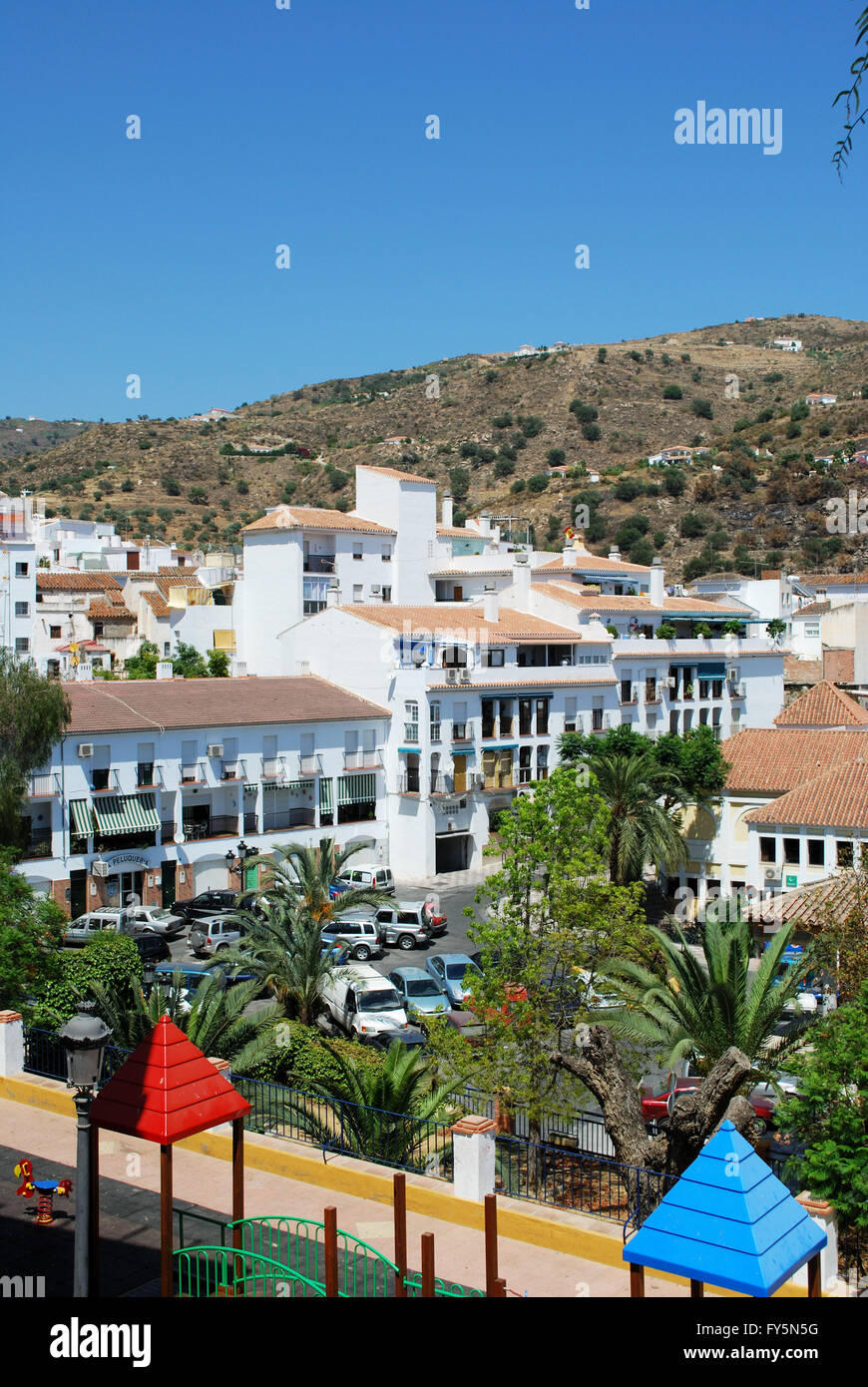 Elevated view of childrens park area with townhouses to rear, Torrox ...