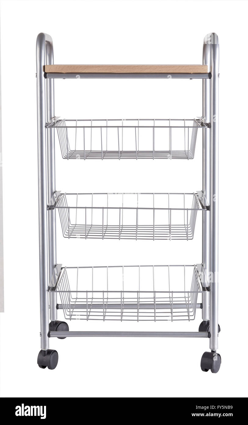 metal shelves rack with wooden top and wheels isolated on white ...
