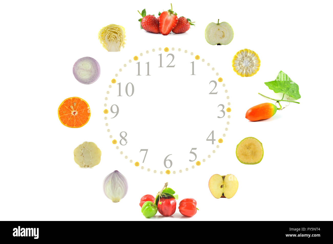 Fruit and vegetable clock on white background Stock Photo - Alamy