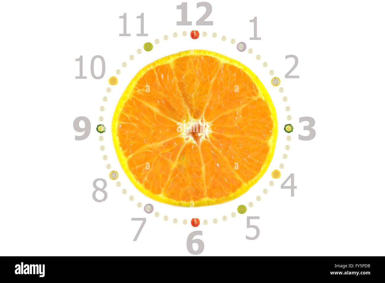 Orange fruit clock on white background Stock Photo - Alamy