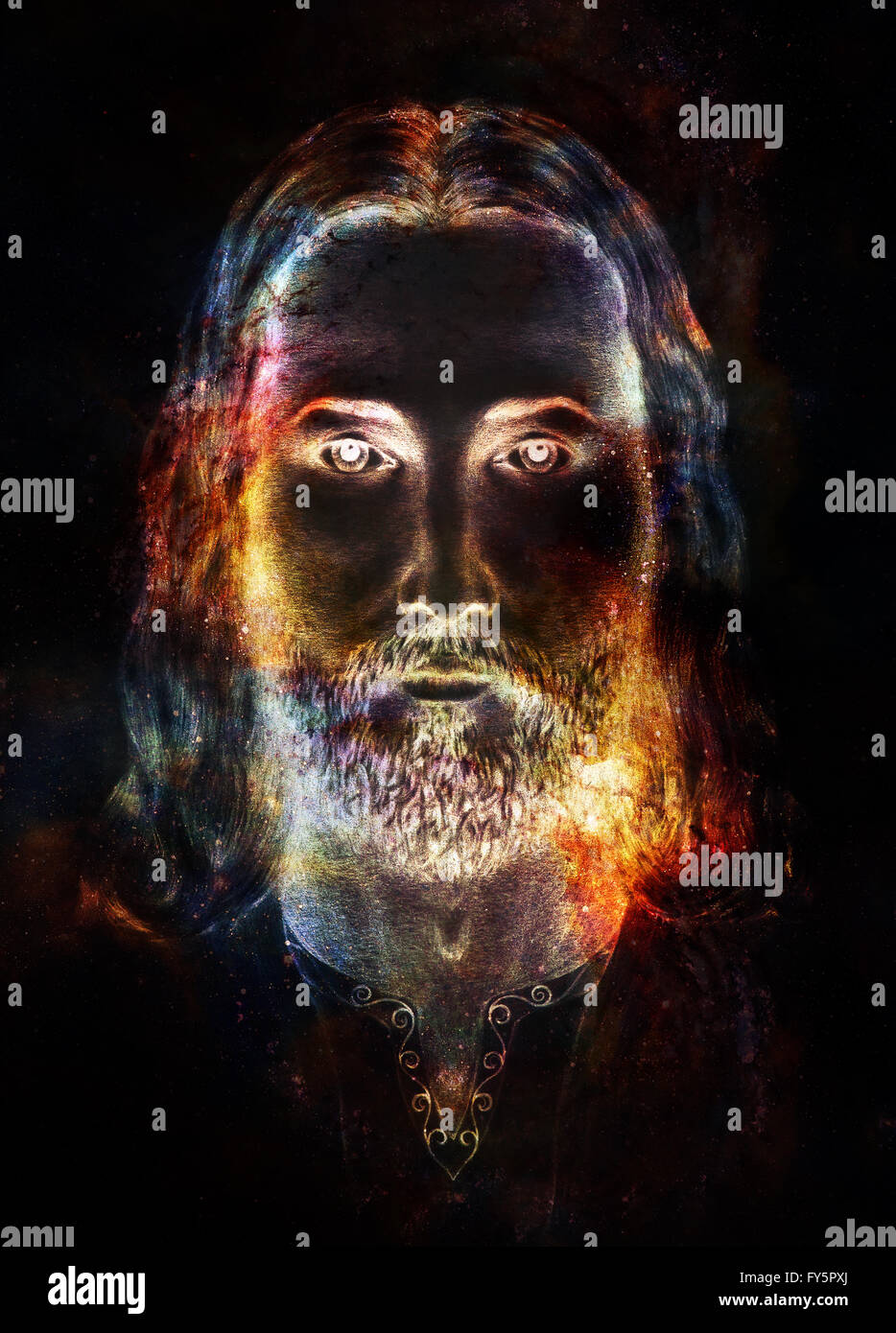 Jesus Christ painting with radiant colorful energy of light in cosmic ...