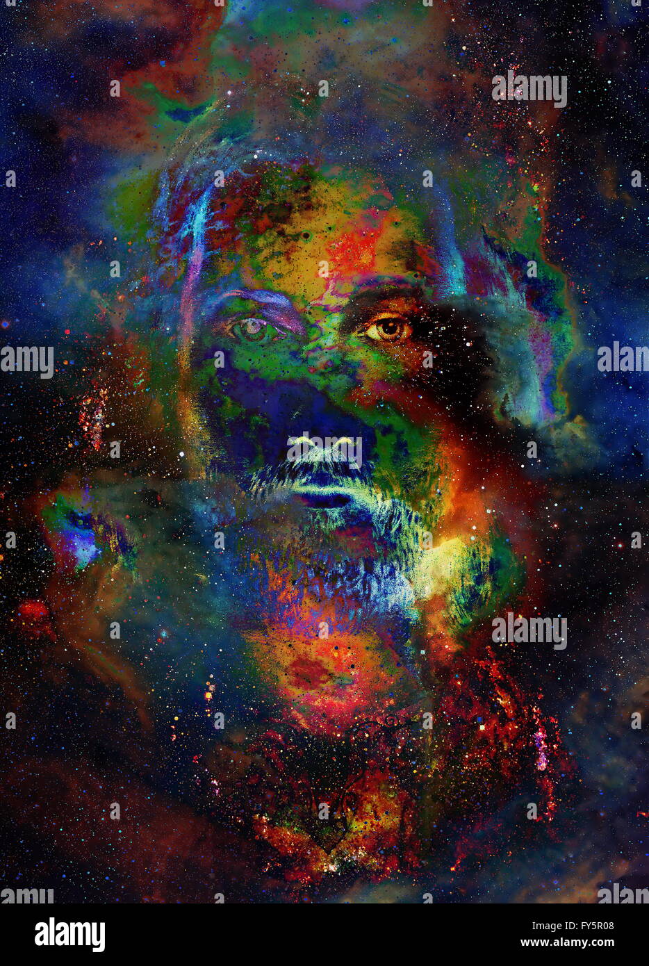 Jesus Christ painting with radiant colorful energy of light, eye ...