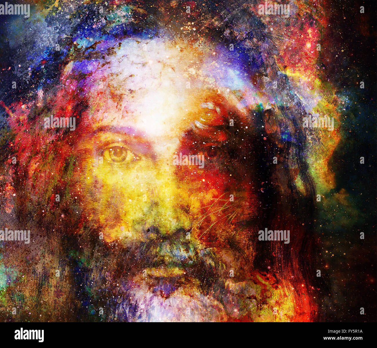 Jesus Christ painting with radiant colorful energy of light in cosmic ...