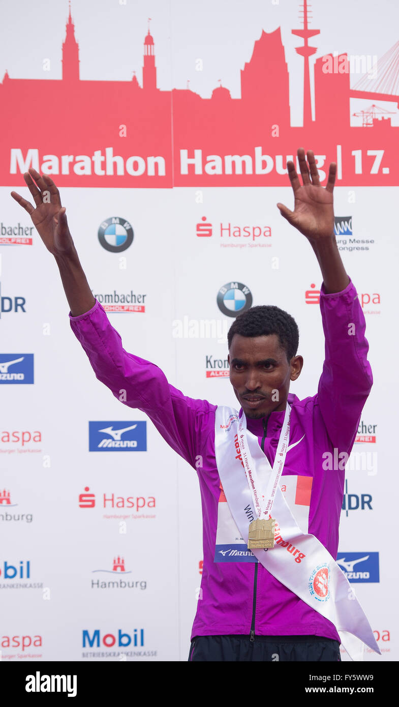 Hamburg, Germany. 17th Apr, 2016. Tesfaye Abera of Ethiopia cheers ...