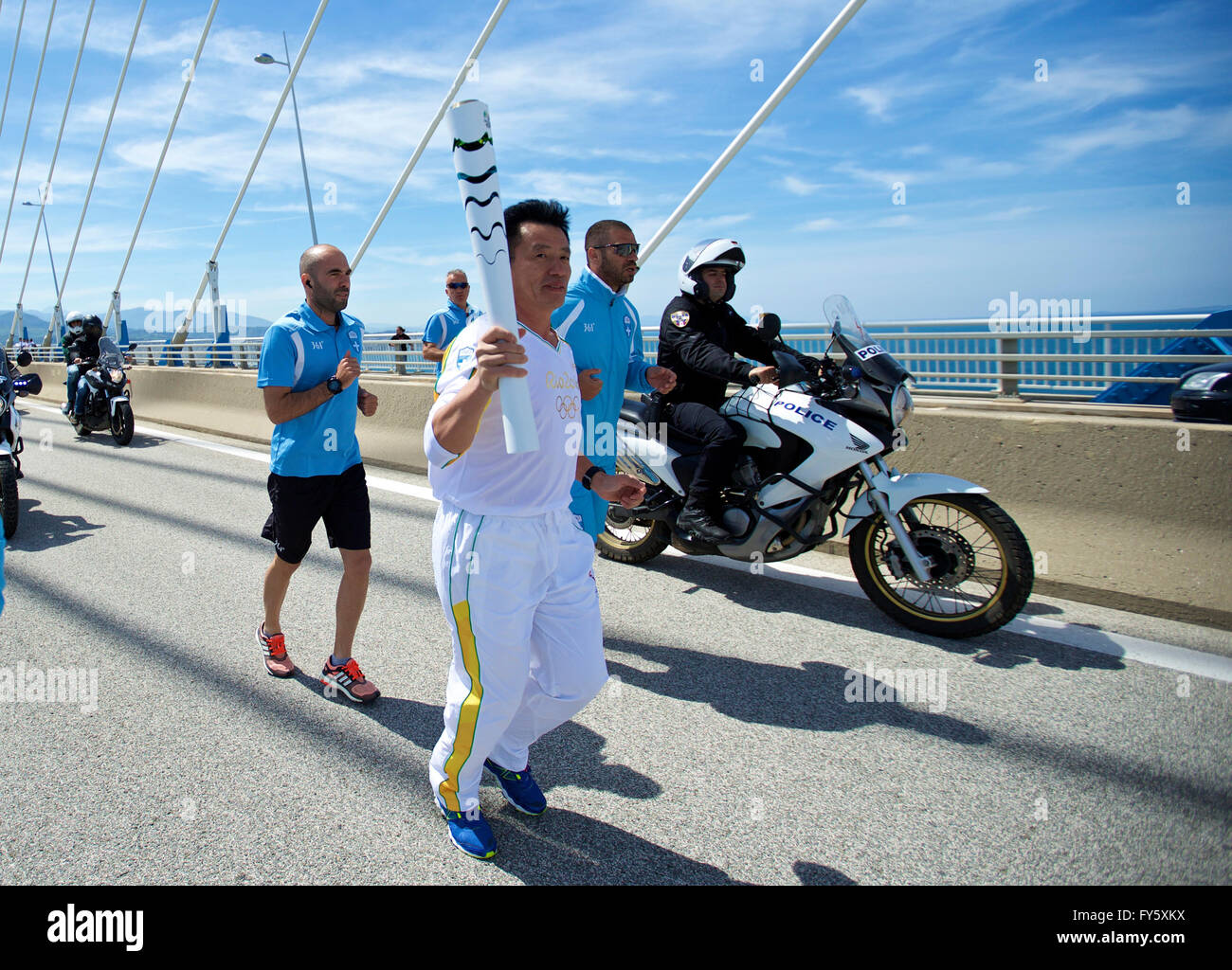 Greece. 22nd April, 2016. Patra, Chinese sailor Guo Chuan runs with the ...