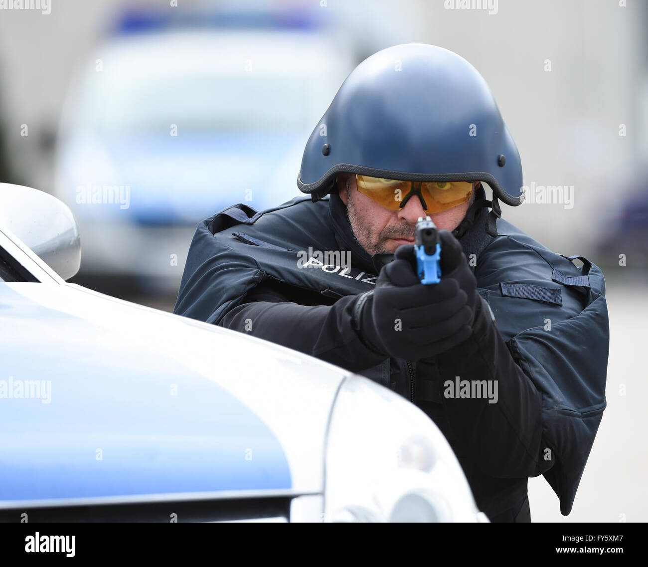 Wiesbaden, Germany. 22nd Apr, 2016. Police officers, wearing new ...