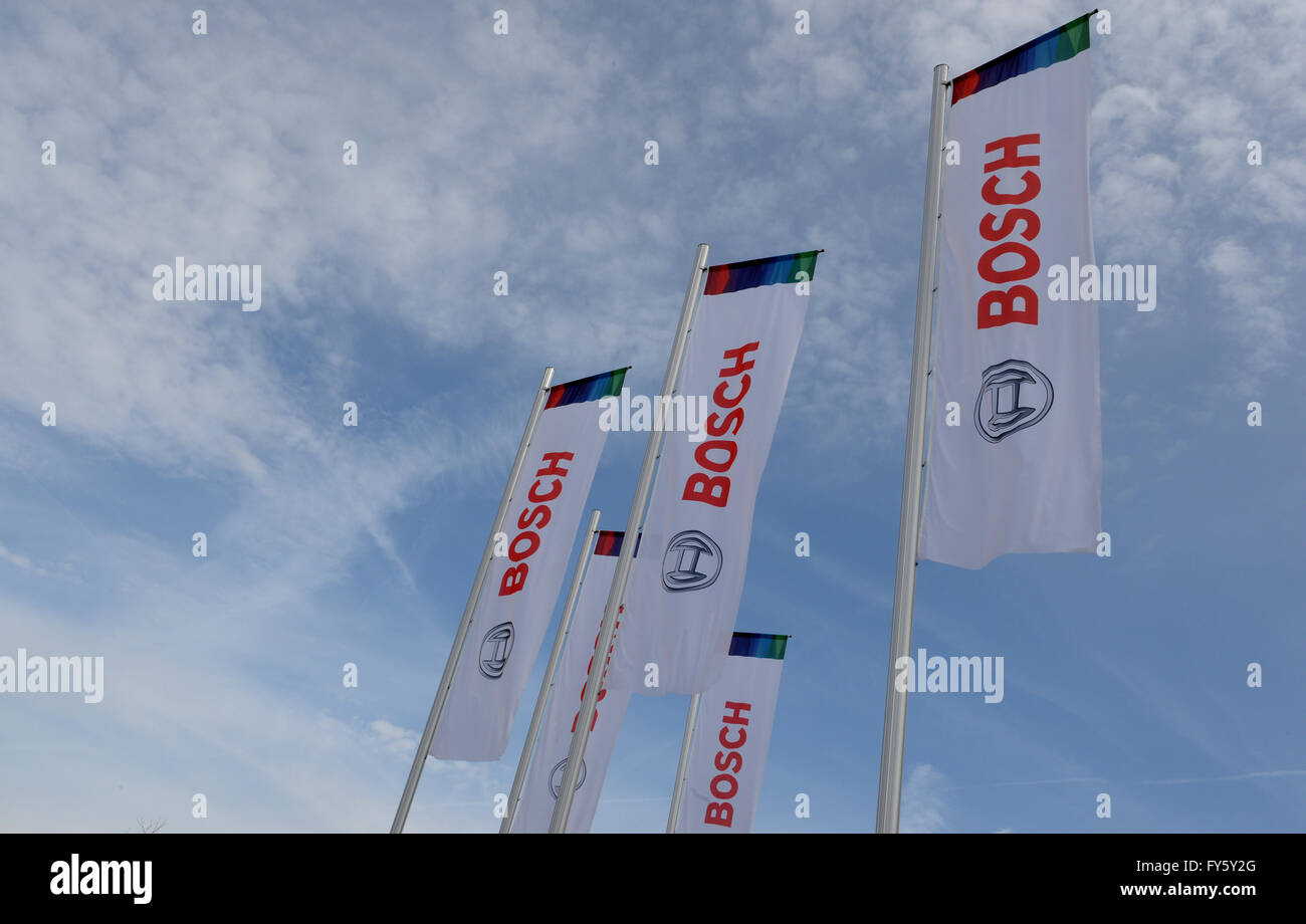 Renningen, Germany. 22nd Apr, 2016. Flags flutter at the Bosch campus ...