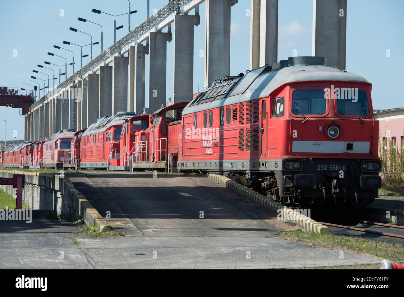 Diesel engines on holding tracks at the Deutsche Bahn grounds Sassnitz ...