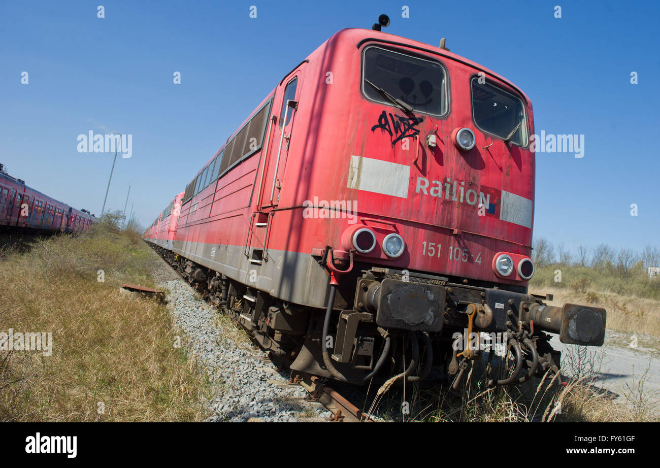 Diesel engines on holding tracks at the Deutsche Bahn grounds Sassnitz ...