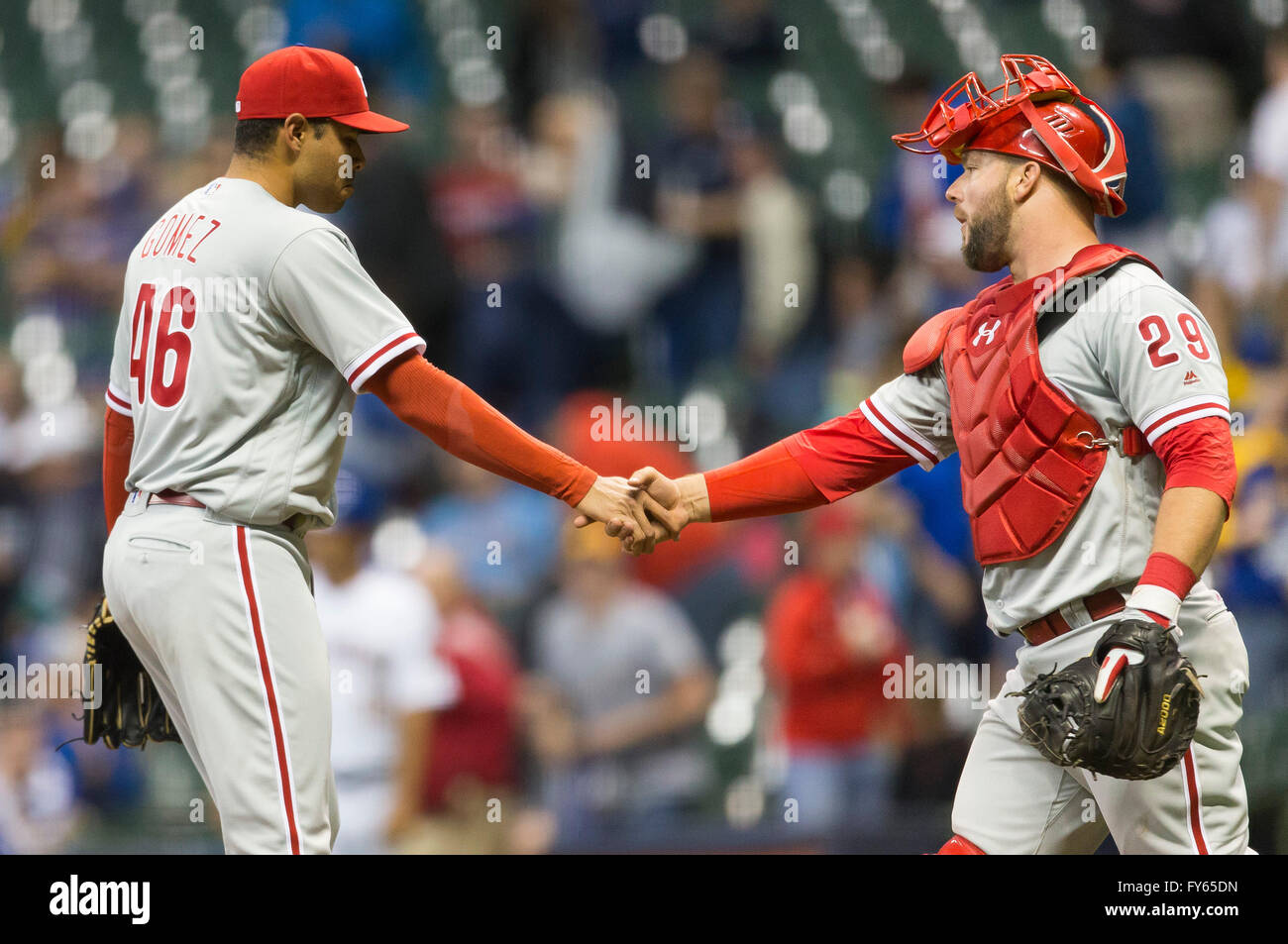 Milwaukee, WI, USA. 22nd Apr, 2016. Philadelphia Phillies relief ...