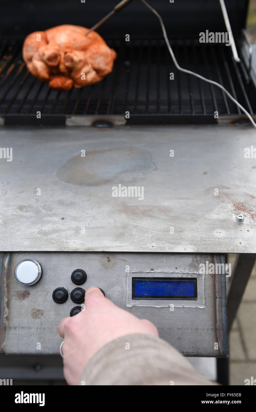 Bremen, Germany. 20th Apr, 2016. A chicken and a temperature sensor on ...