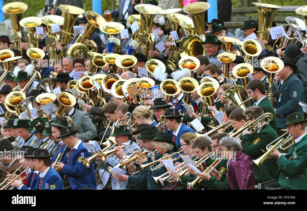 Kaltenberg, Germany. 23rd Apr, 2016. Members of music associations from ...
