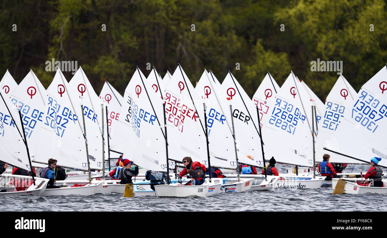 Potsdam, Germany. 23rd Apr, 2016. Sailing boats of the optimists class ...