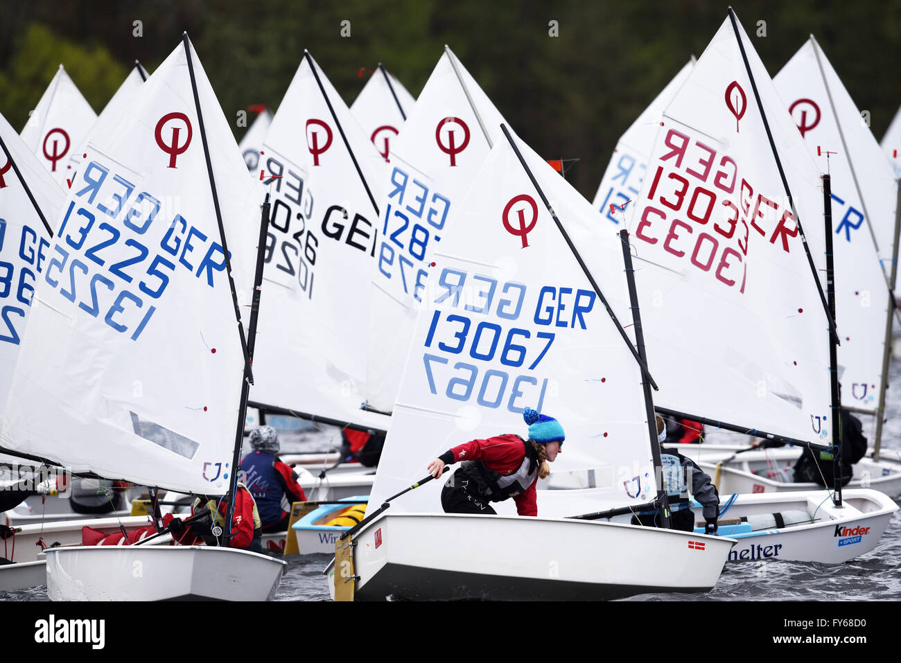 Potsdam, Germany. 23rd Apr, 2016. Sailing boats of the optimists class ...