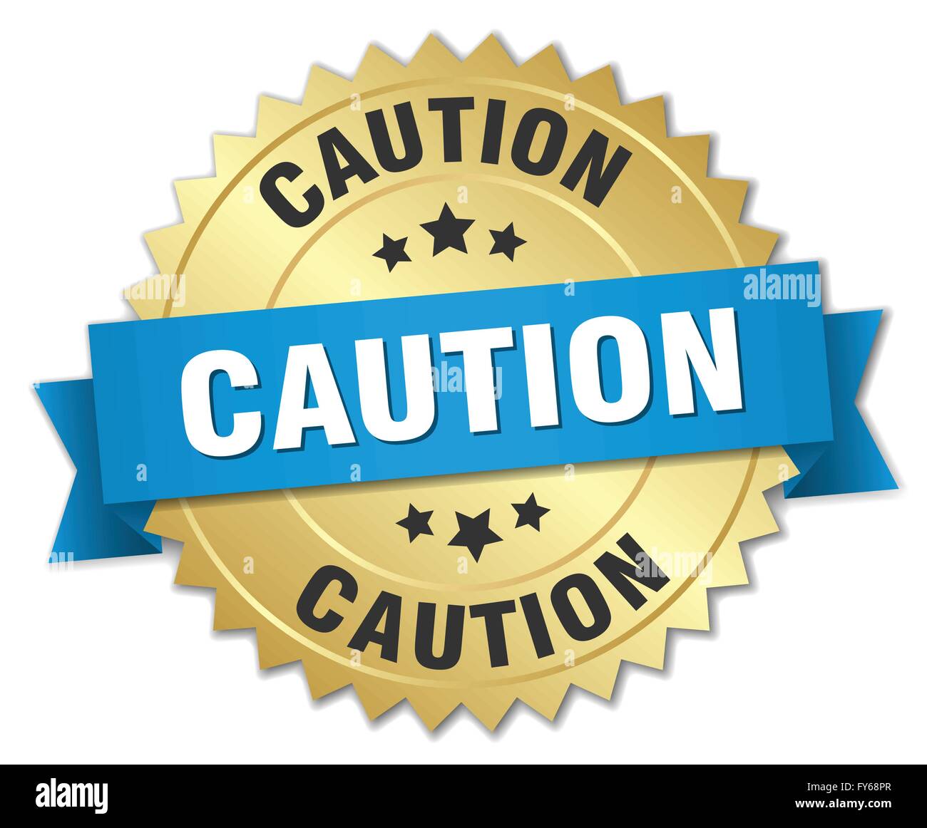 caution 3d gold badge with blue ribbon Stock Vector Image & Art - Alamy