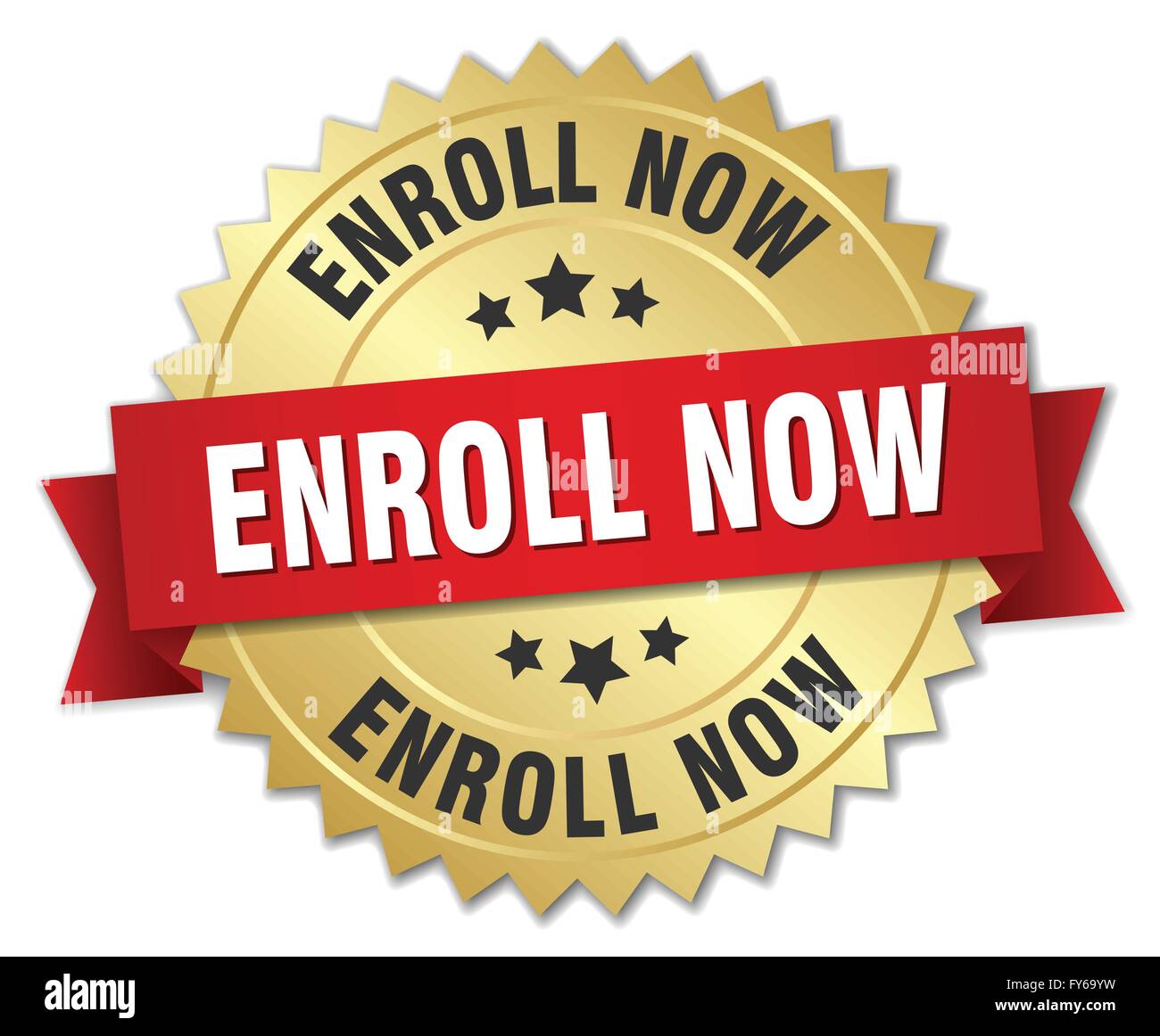 enroll now 3d gold badge with red ribbon Stock Vector Image & Art - Alamy