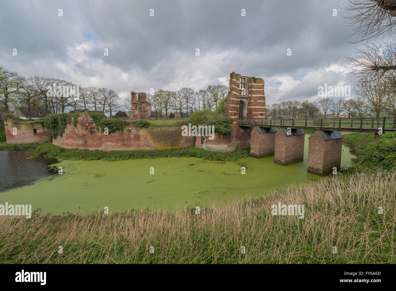 Ruins of an old medieval castle in the town of Batenburg in the ...