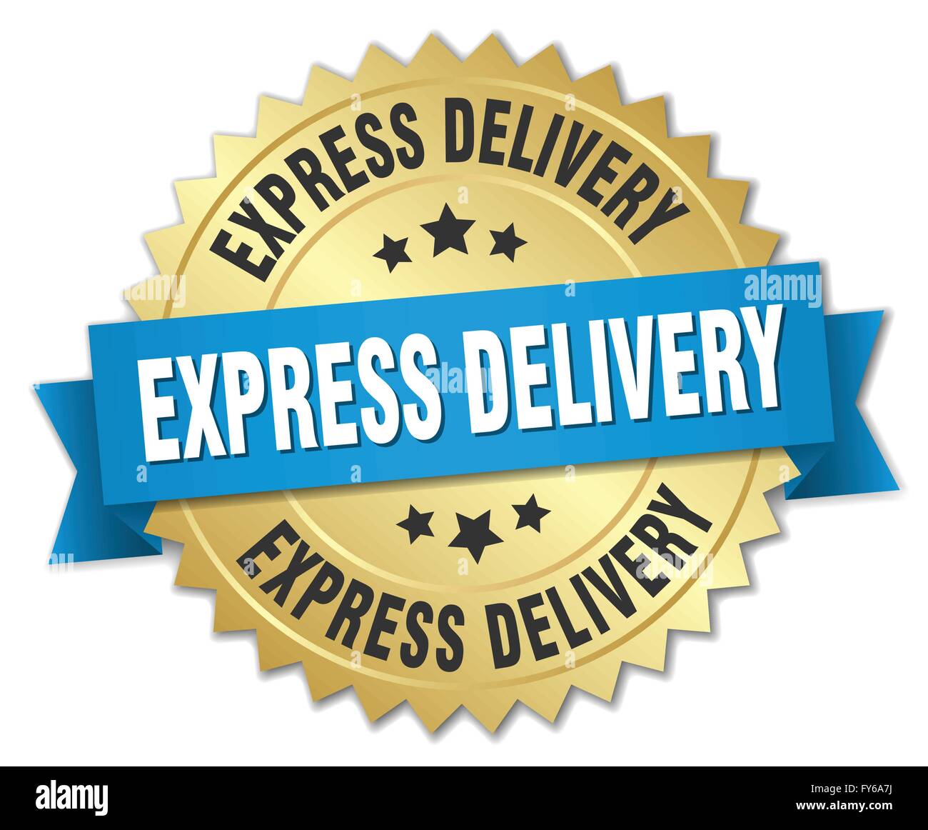 express delivery 3d gold badge with blue ribbon Stock Vector Image ...