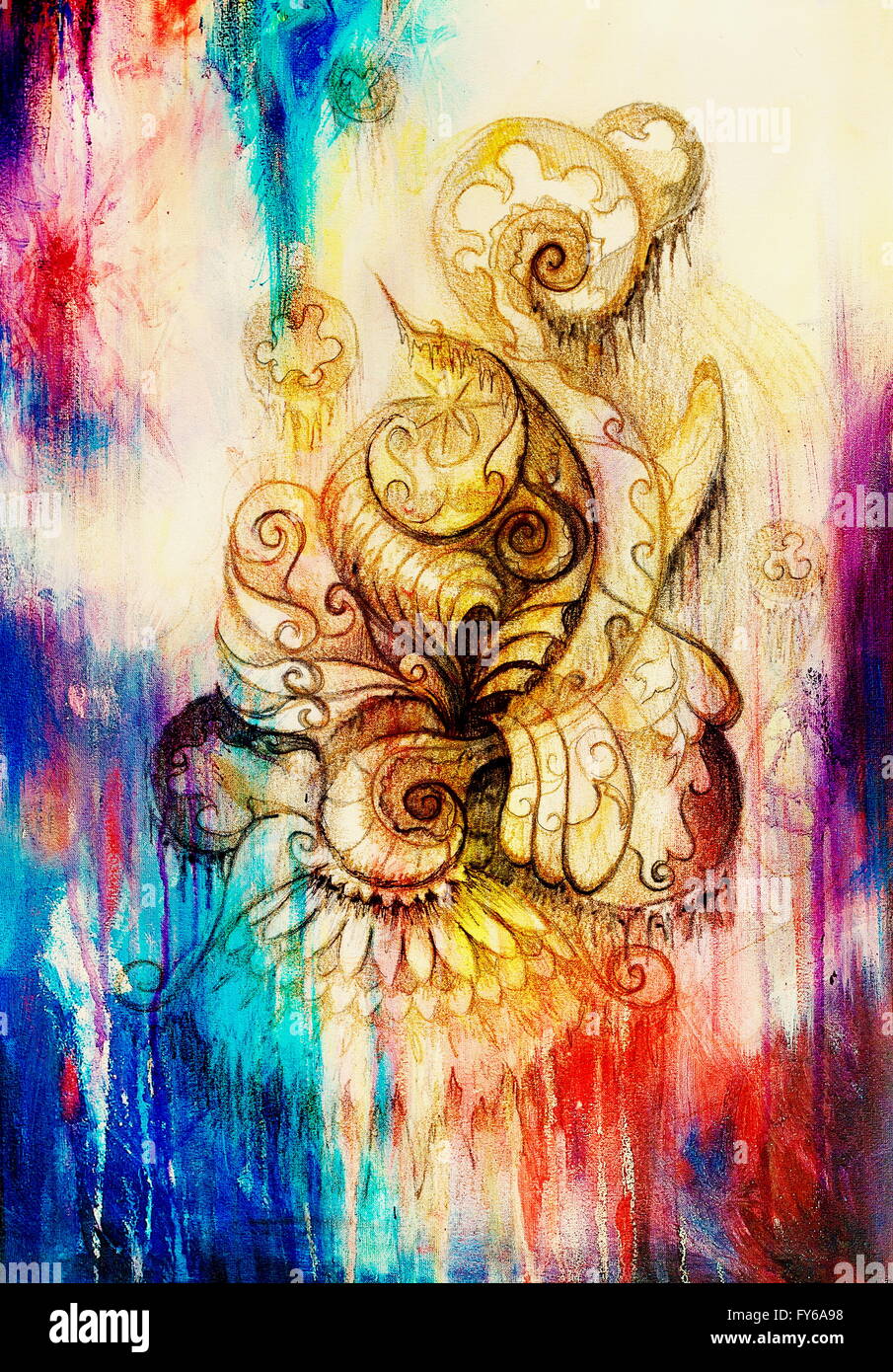 ornamental filigran drawing on paper with spirals, flower petals and ...