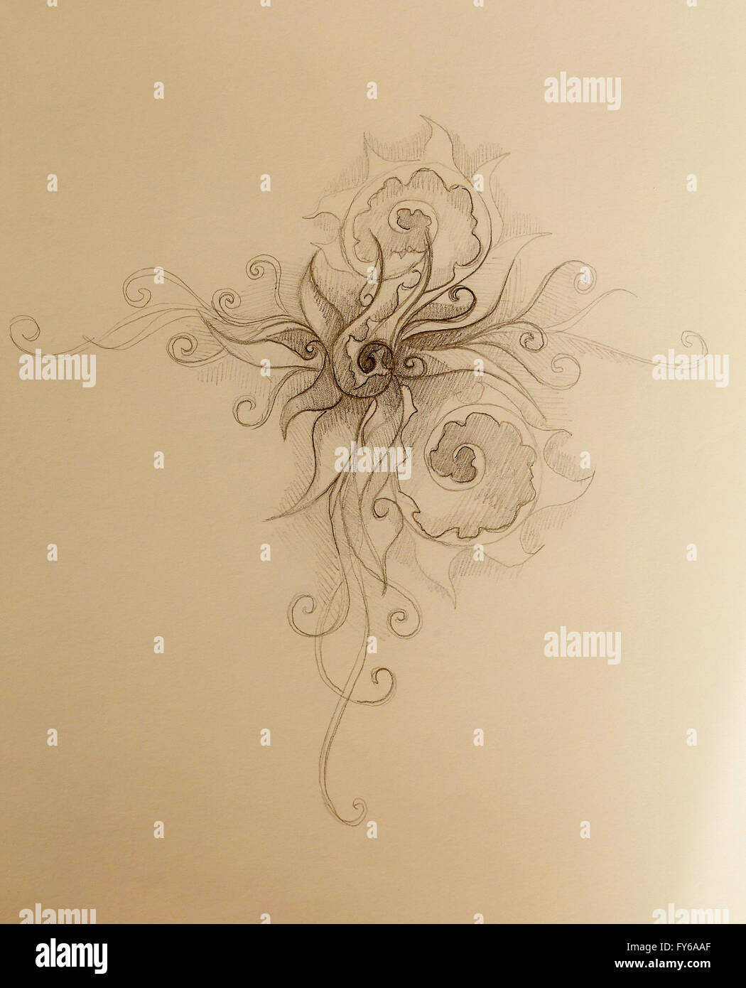 ornamental filigran drawing on paper with spirals, flower petals and ...