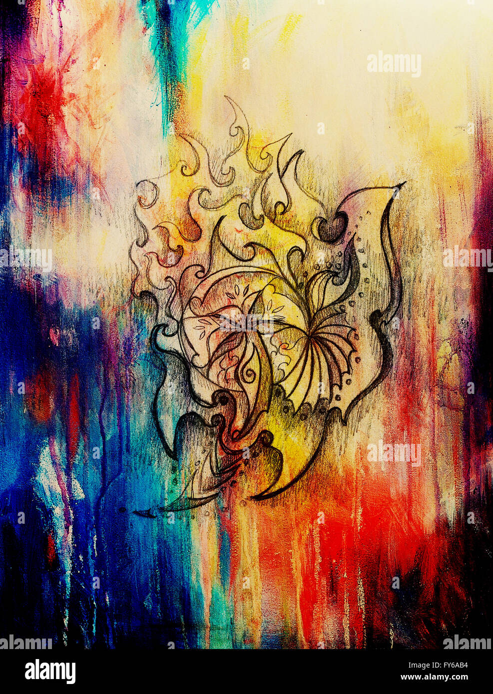 ornamental filigran drawing on paper with flower and flame structure ...