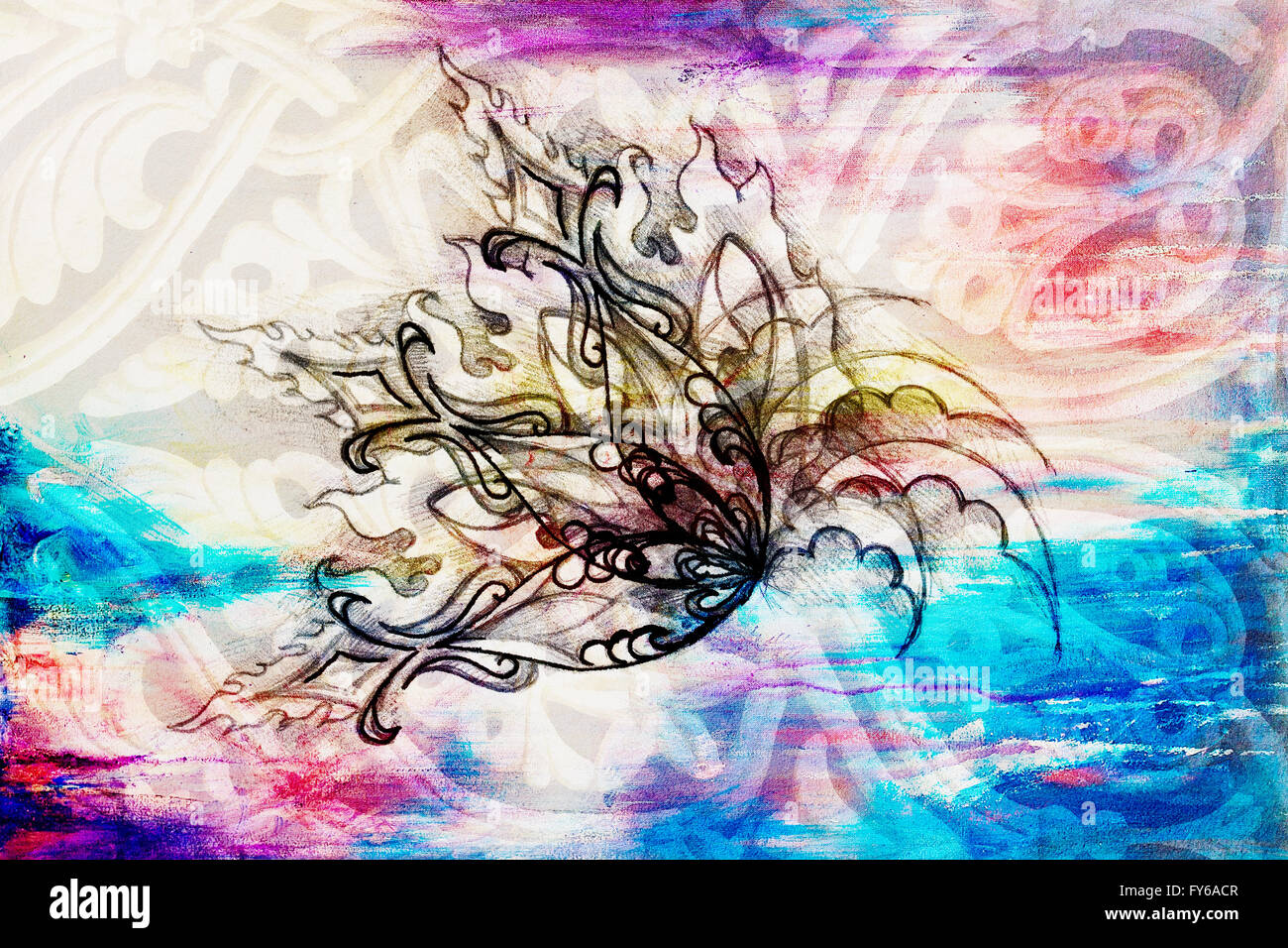 ornamental filigran drawing on paper with flower and flame structure ...