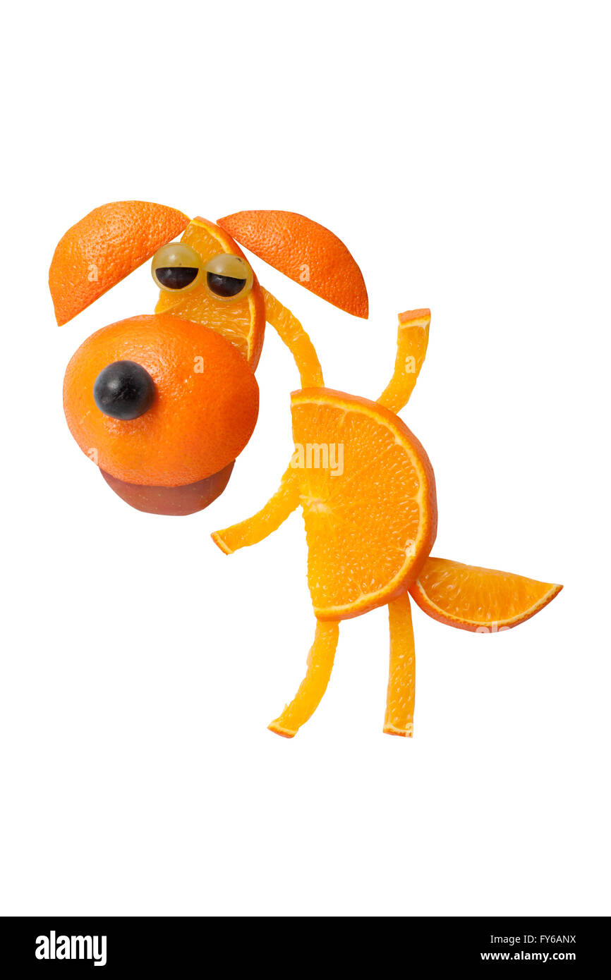 Funny dancing dog made of orange and grape Stock Photo - Alamy