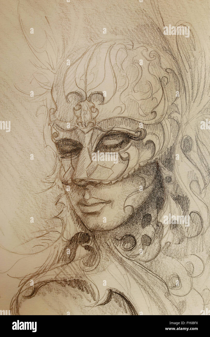 pencil drawing on paper, woman in ornamental venetian mask Stock Photo ...