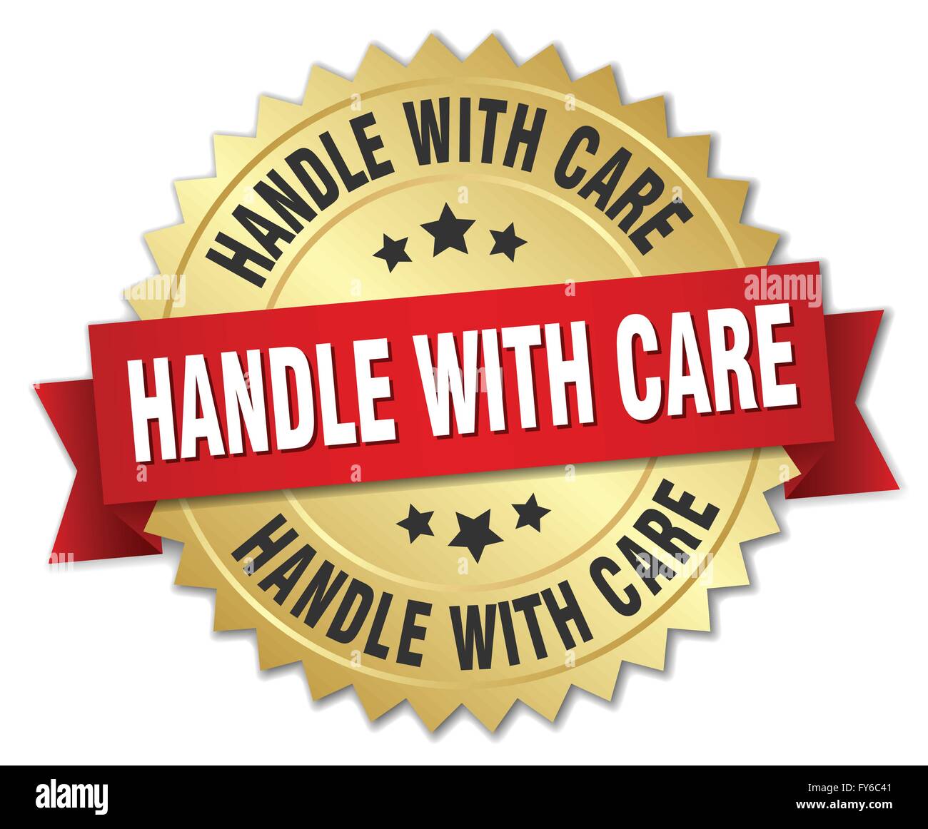 handle with care 3d gold badge with red ribbon Stock Vector Image & Art ...