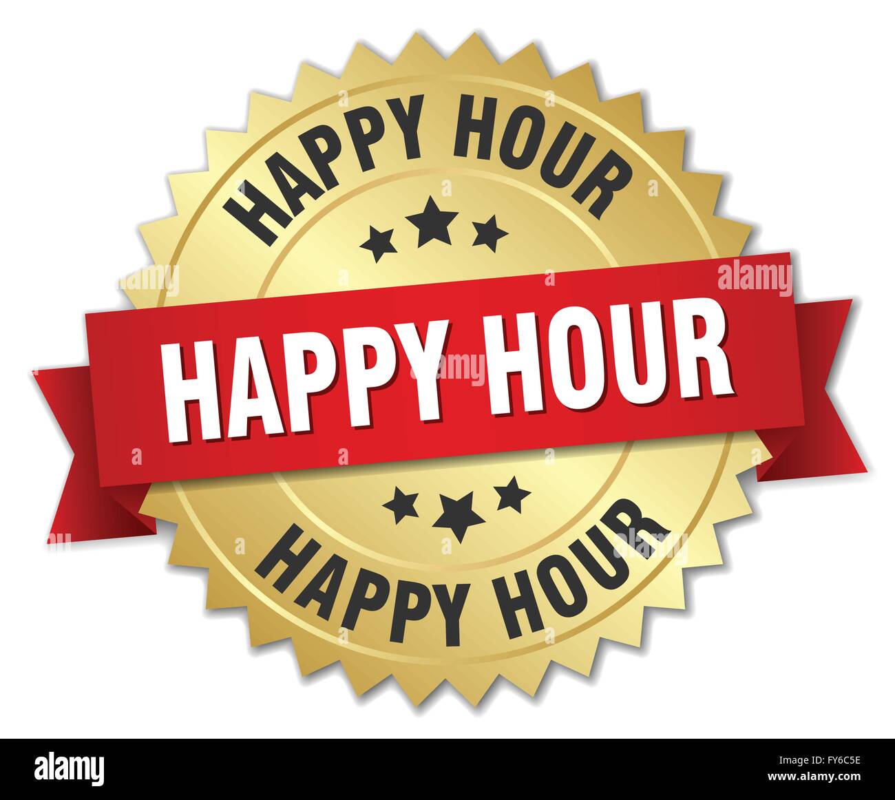 happy hour 3d gold badge with red ribbon Stock Vector Image & Art - Alamy